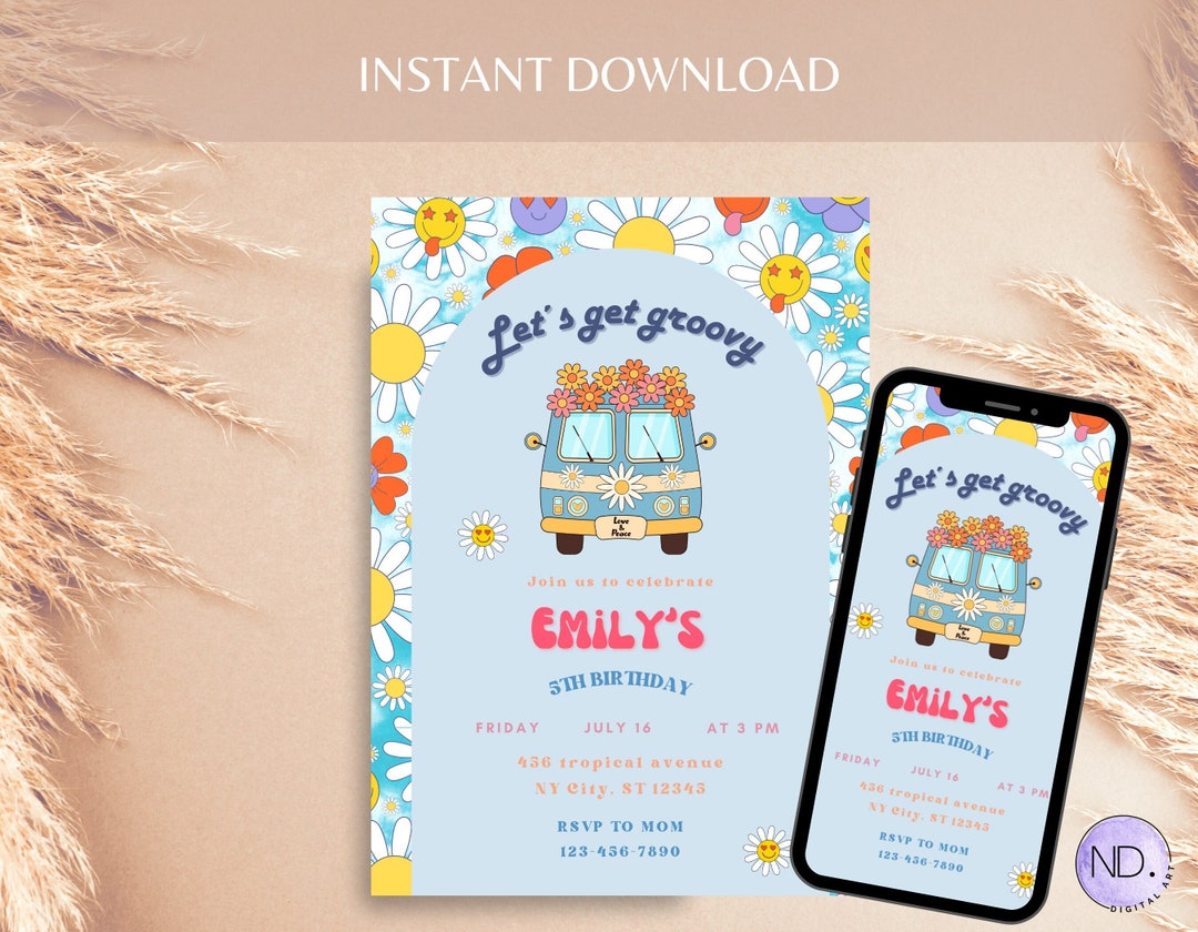 Editable Retro Groovy Invitation, Hippie Birthday Party Invite, Any Age ...
