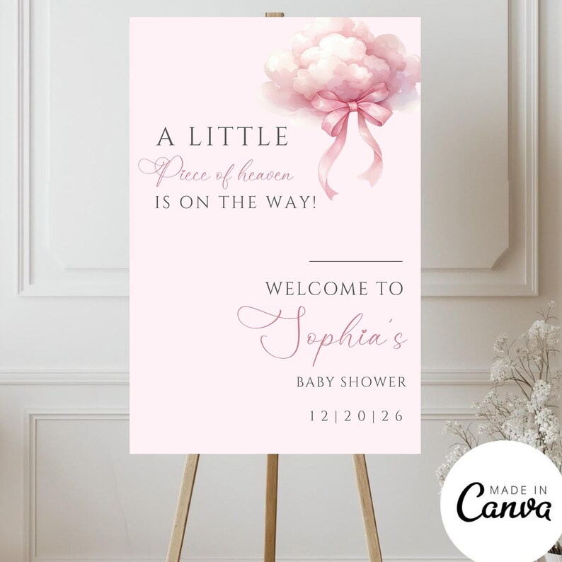 Pink Bow Baby Shower Welcome Sign, Cloud Theme Banner, Editable Canva ...