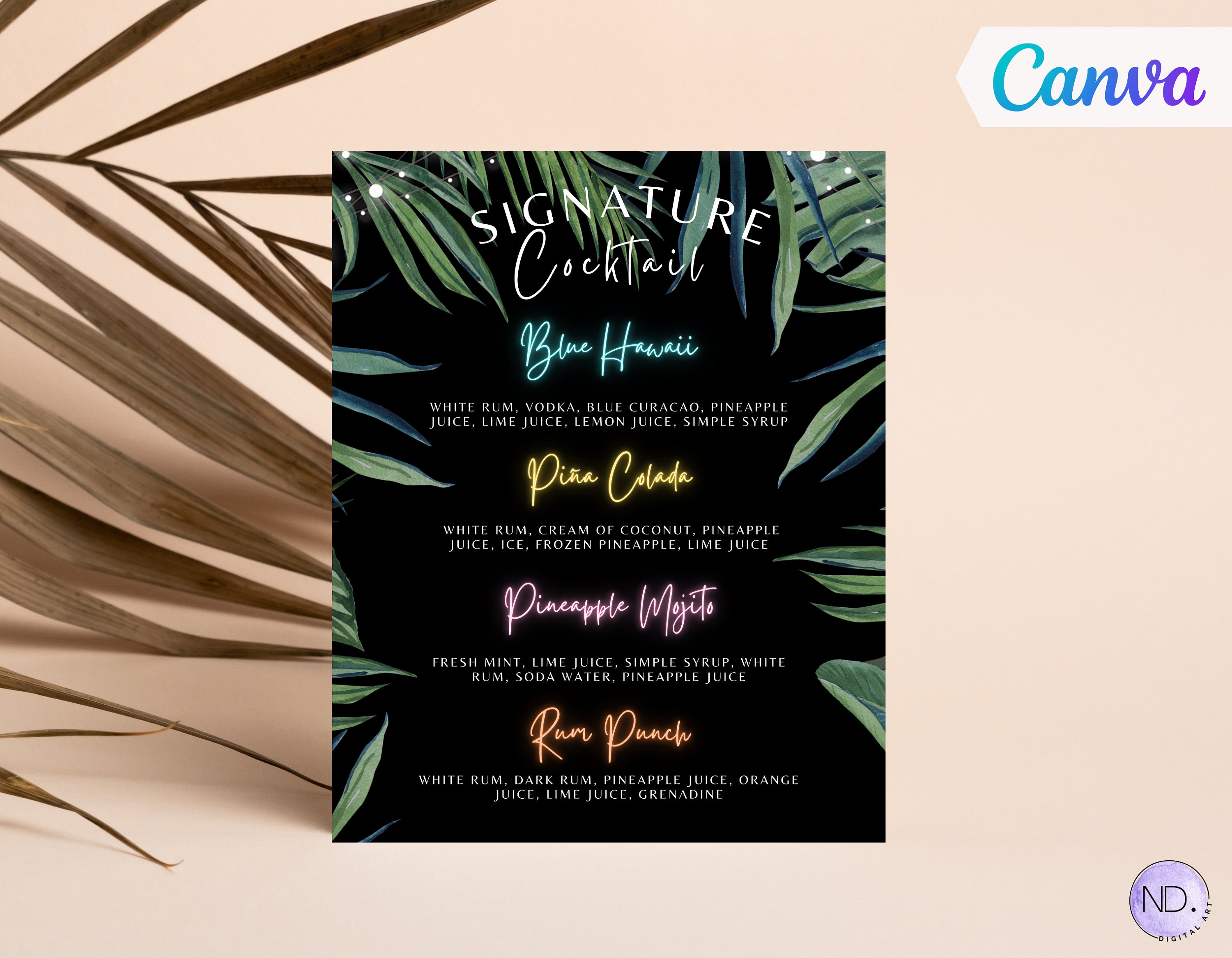 Neon Tropical Drink Menu Card Template, Editable Hawaii Themed Drink ...