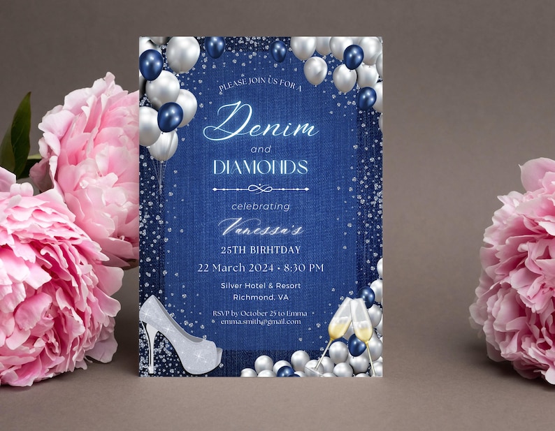 Editable Denim and Diamonds Invitation, Champagne and Diamonds Birthday ...