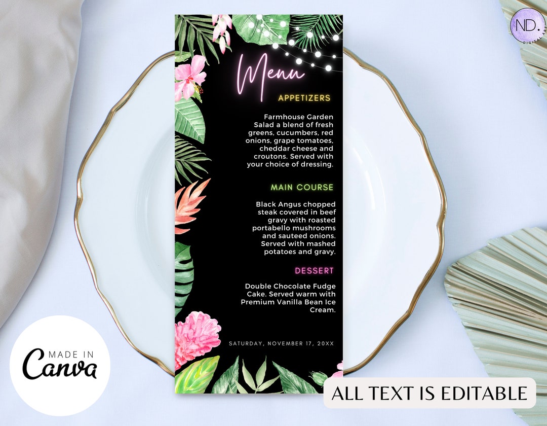 Colorful Tropical Menu Card Template, Editable Hawaii Themed Menu Cards ...