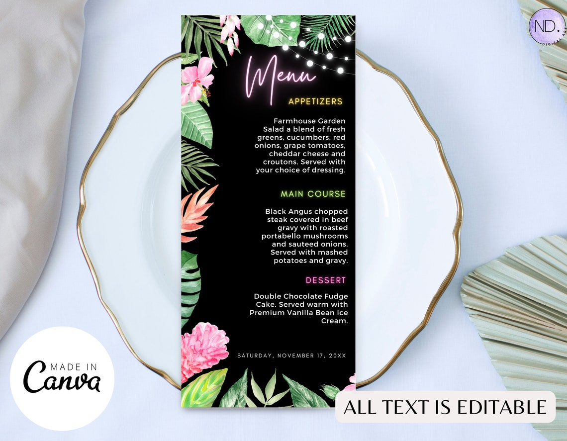Colorful Tropical Menu Card Template, Editable Hawaii Themed Menu Cards ...