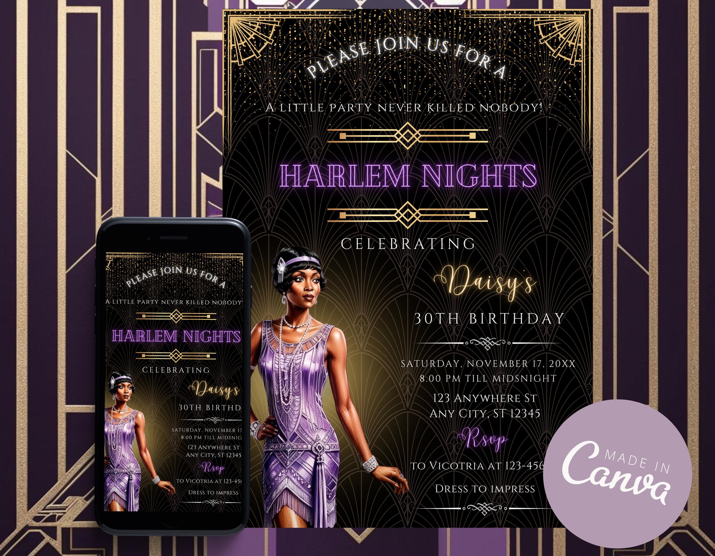 Harlem Nights Save the Date, Editable Roaring 20s Invitation, Gatsby ...