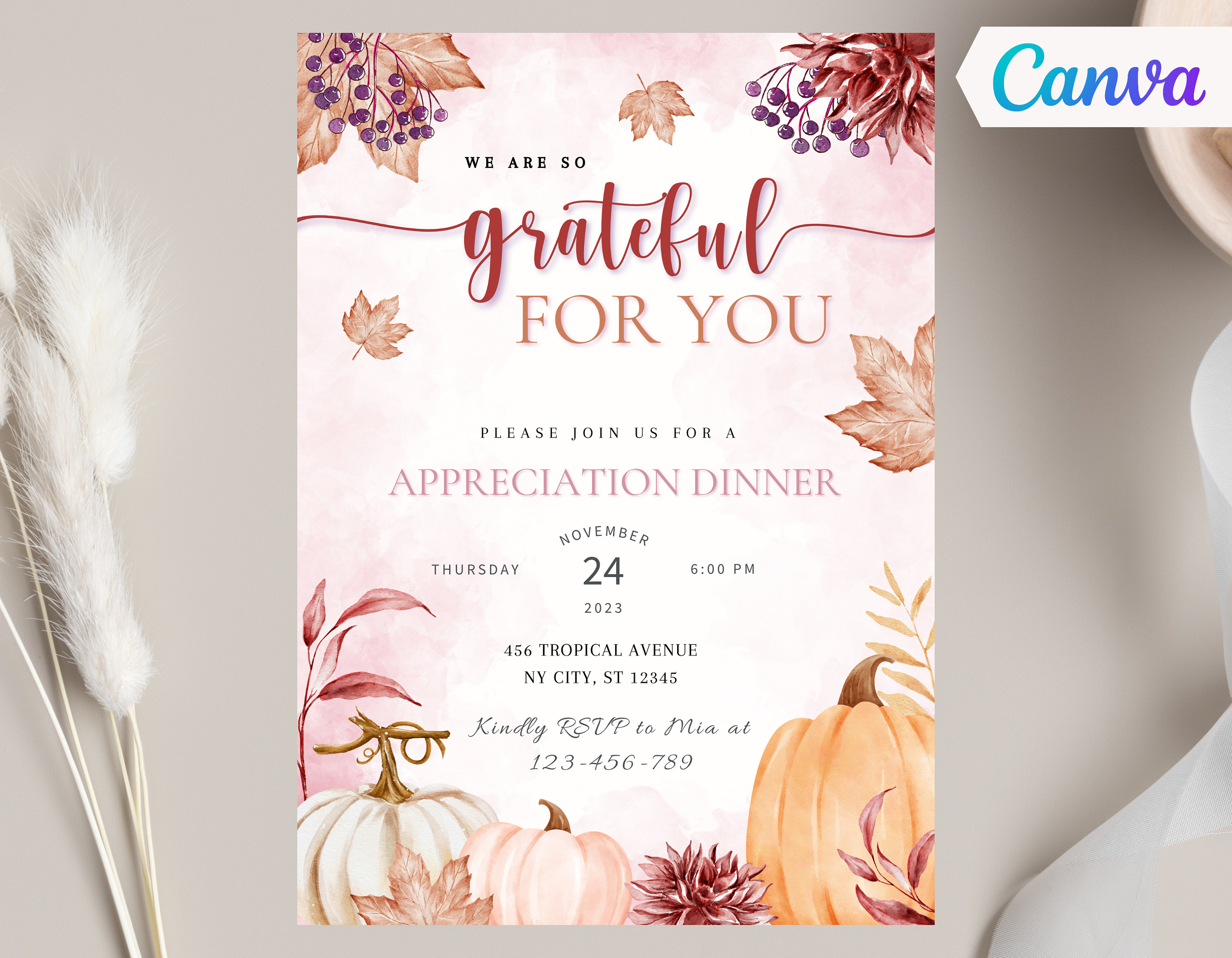 Editable Fall Appreciation Invitation, Grateful for You Thanksgiving ...