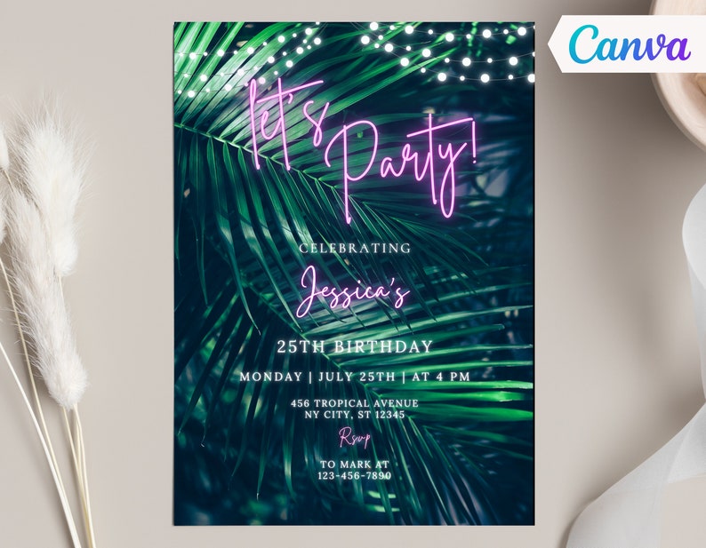 Editable Neon Birthday Invitation, Colorful Tropical Birthday Invite ...