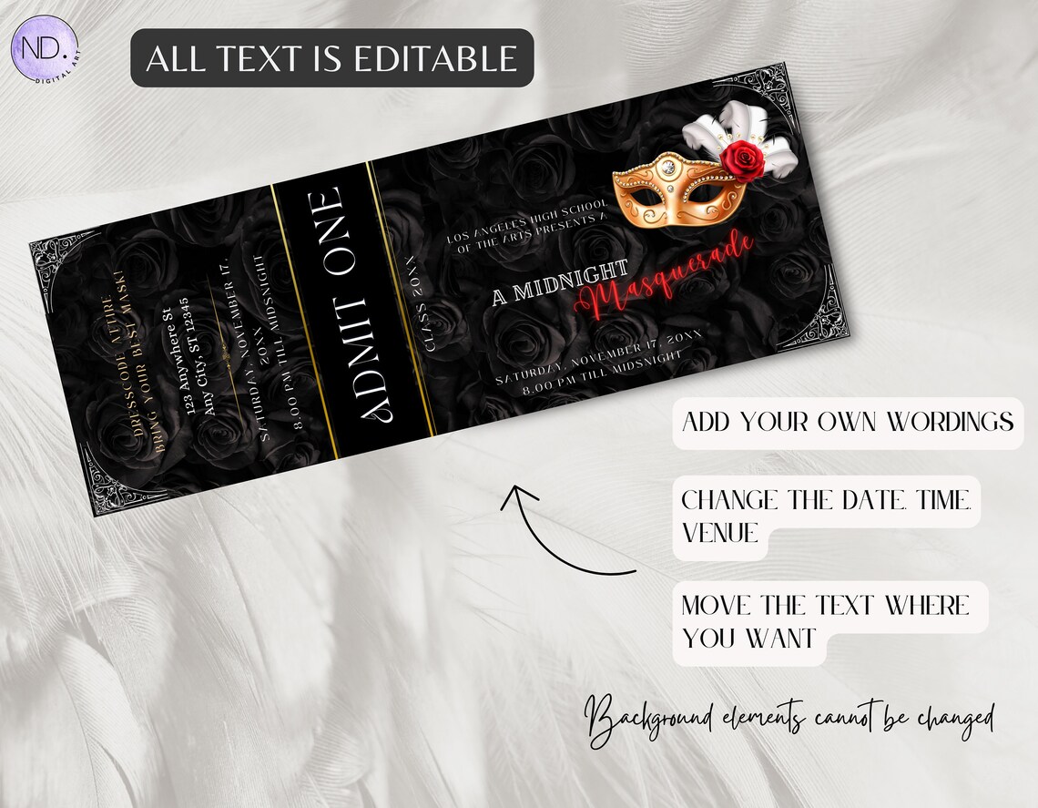 Editable Masquerade Ball Ticket Template, Red Rose Design (canva ...