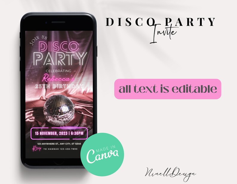 Editable Disco Party Birthday Invitation, Neon Disco Gender Neutral ...