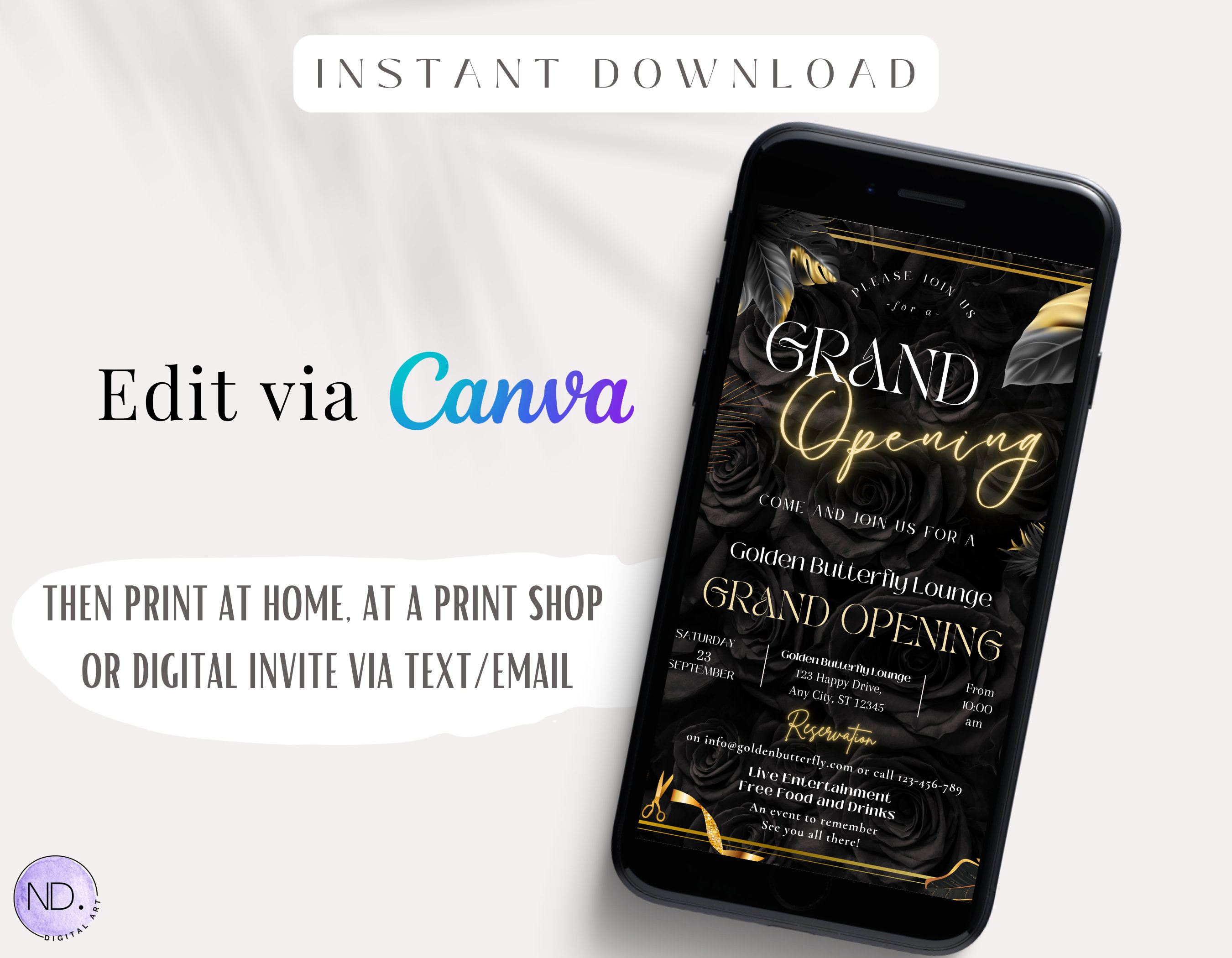 Black and Gold Grand Opening Invitation, Editable Canva Template ...