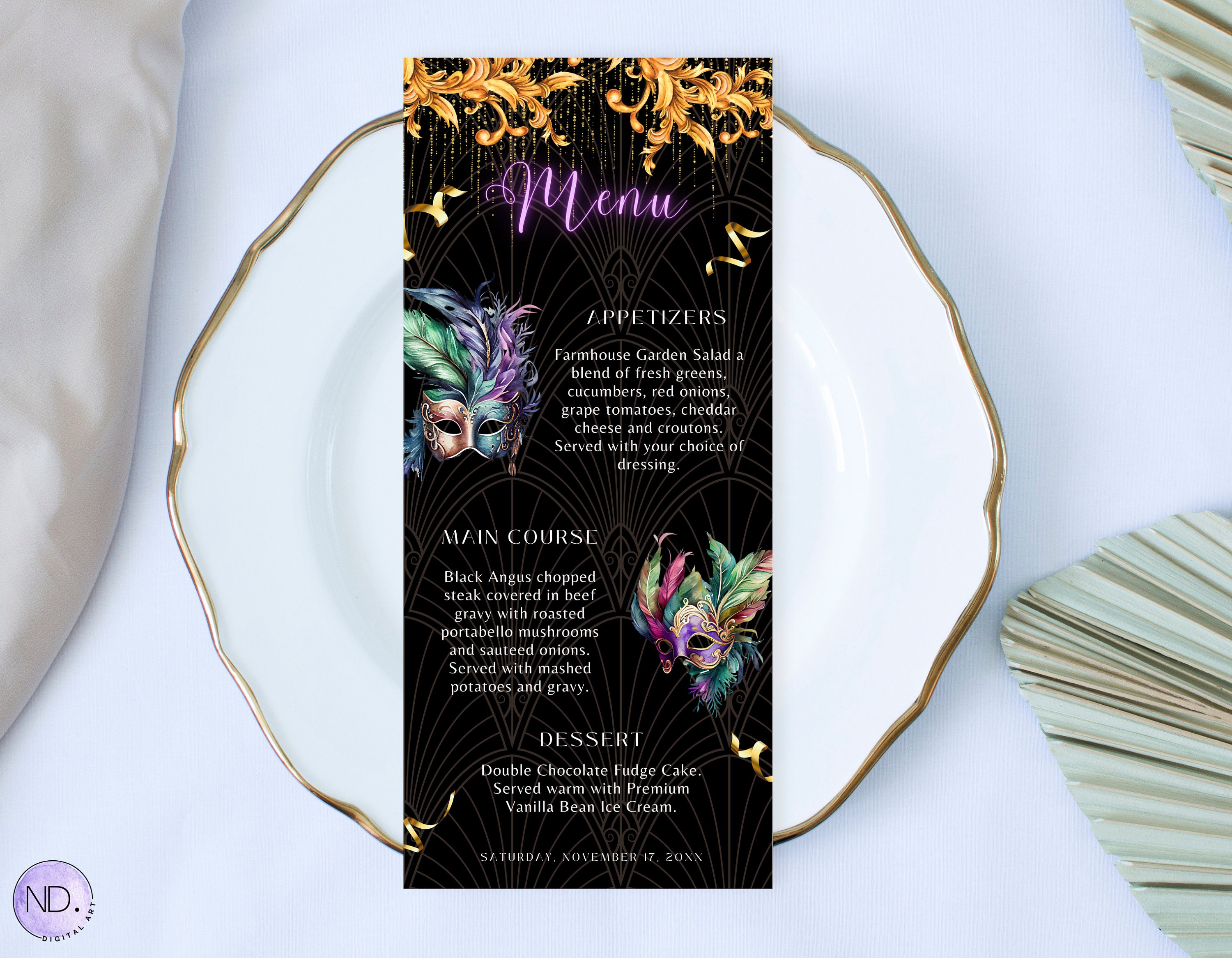 Masquerade Party Menu Template, Editable Gold and Gemstones Masquerade ...