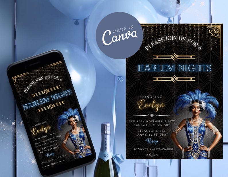 Editable Harlem Nights Invitation, Art Deco, Roaring 20s Gatsby Party ...