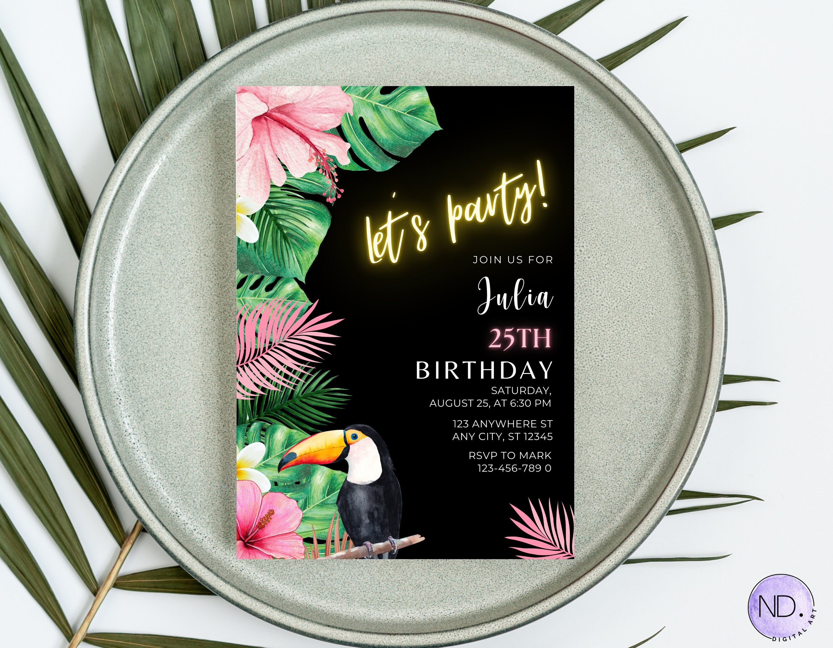 Editable Tropical Birthday Invitation Tropical Party Havana Hawaii ...