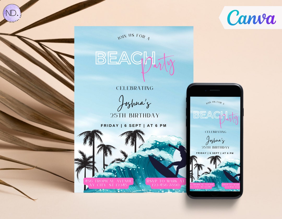 Editable Beach Party Invitation, Surfing Party Invitation, Coastal ...