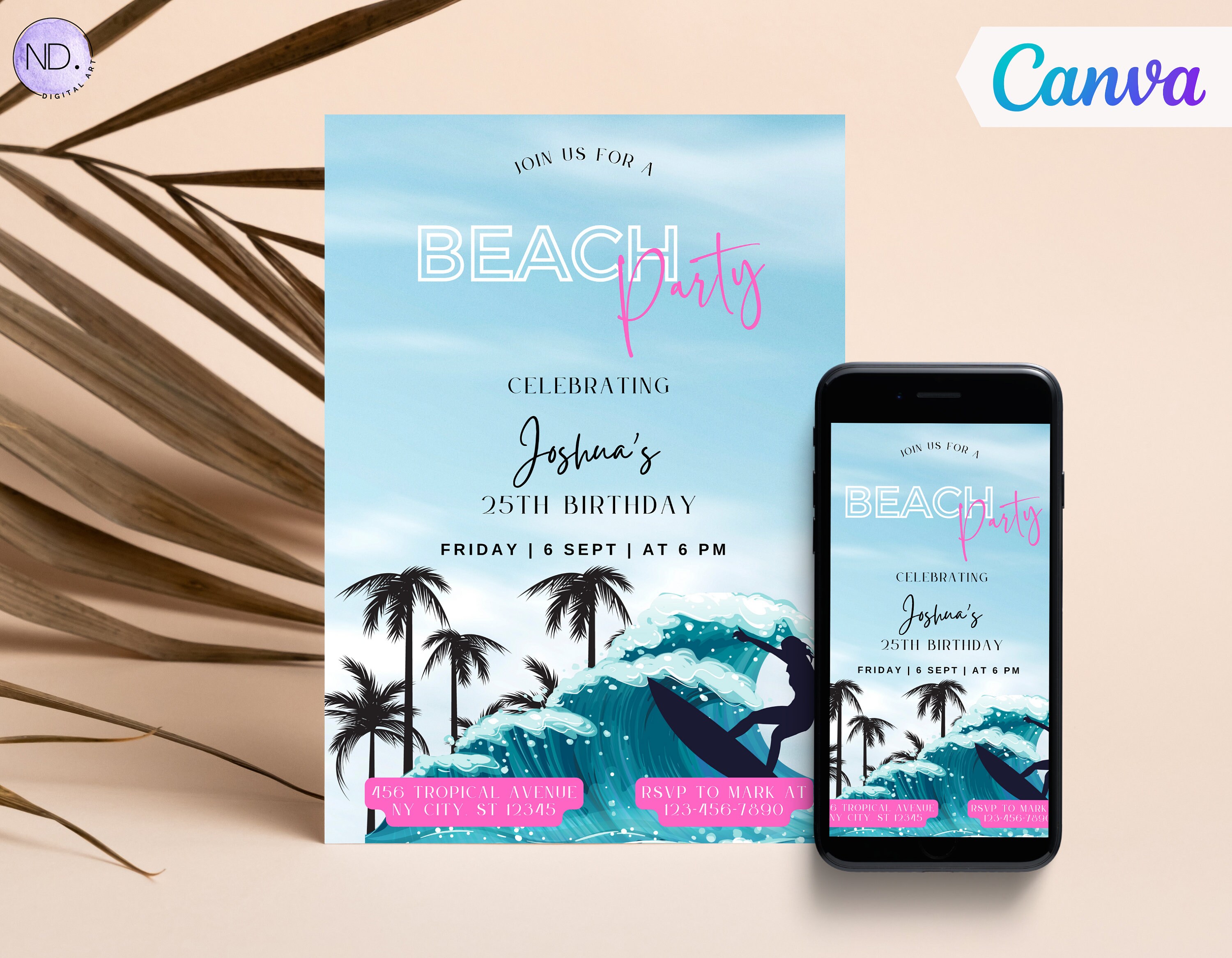 Editable Beach Party Invitation, Surfing Theme (canva Template) - Etsy