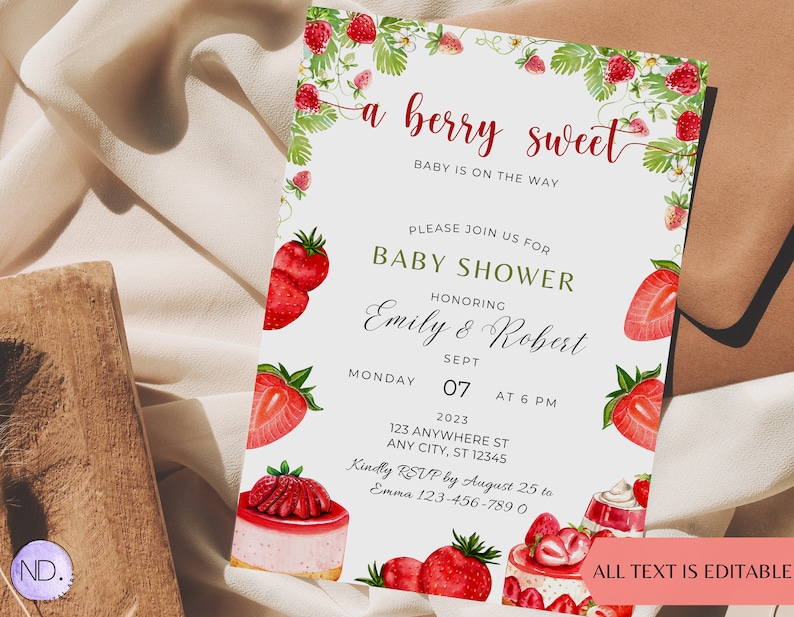 Strawberry Baby Shower Invitation Berry Sweet Baby Invite Editable ...