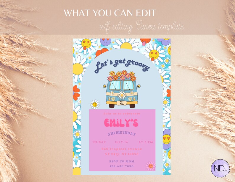 Editable Retro Groovy Invitation, Hippie Birthday Party Invite, Any Age ...
