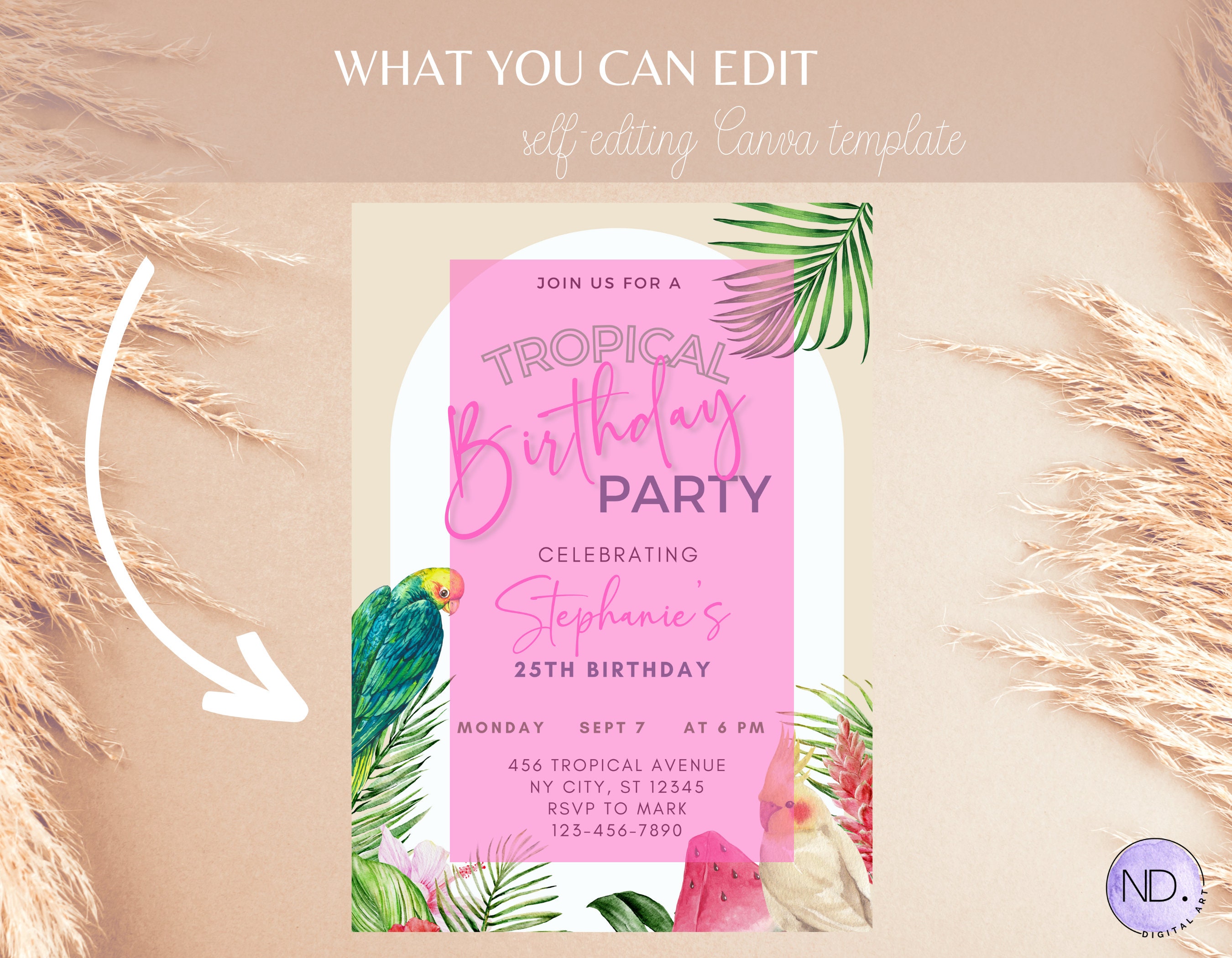 Colorful Tropical Party Invitation, Watercolor Birds, Tropical Leaves ...