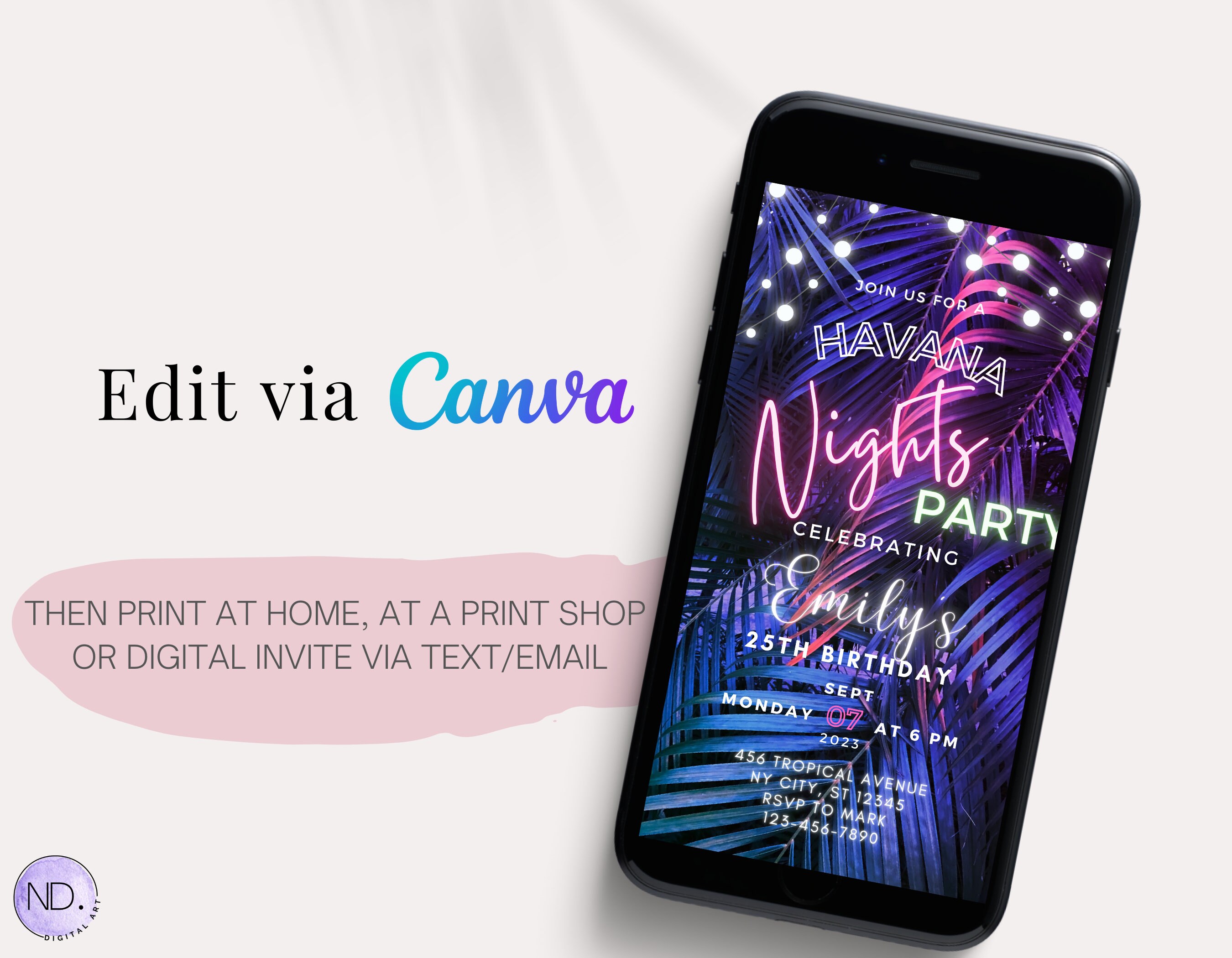 Editable Havana Nights Invitation Neon Tropical Party Invitation Havana ...