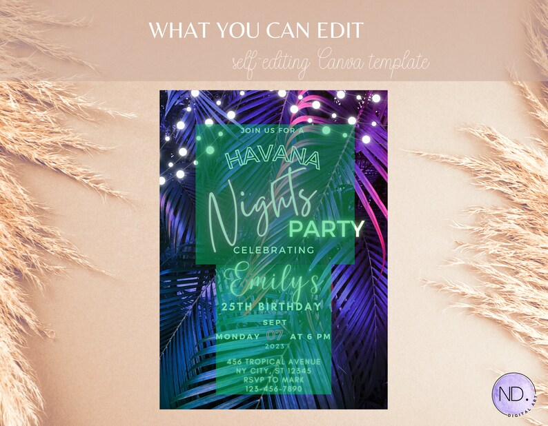 Editable Havana Nights Invitation Neon Tropical Party Invitation Havana ...