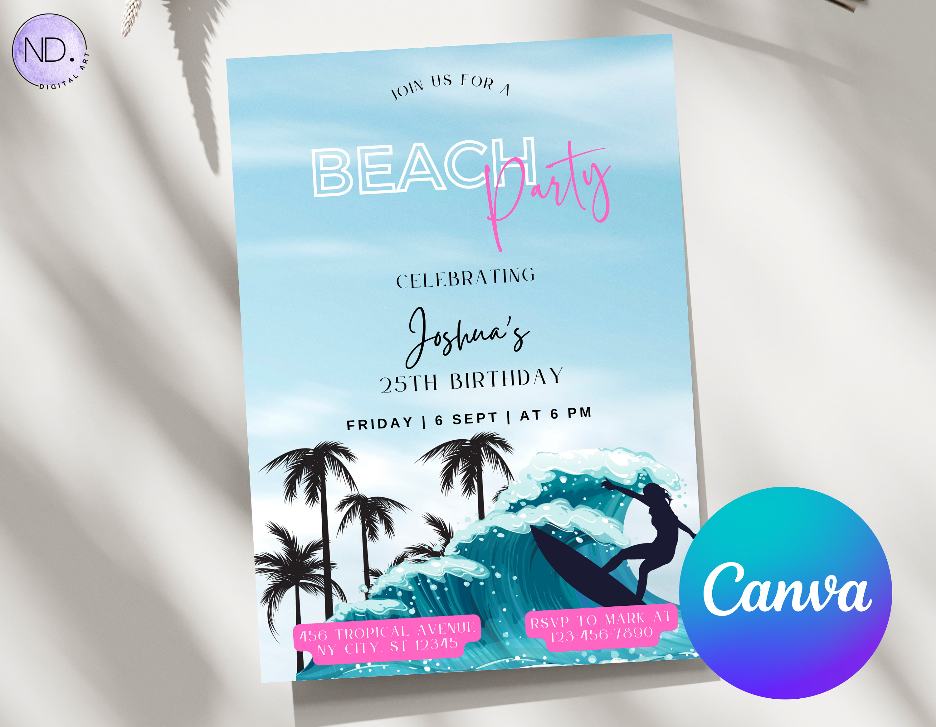 Editable Beach Party Invitation, Surfing Party Invitation, Coastal ...