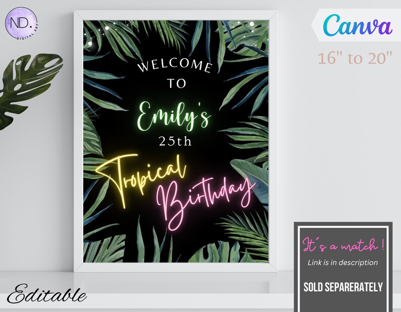 Editable Neon Tropical Birthday Party Banner Tropical Party Text Sign ...