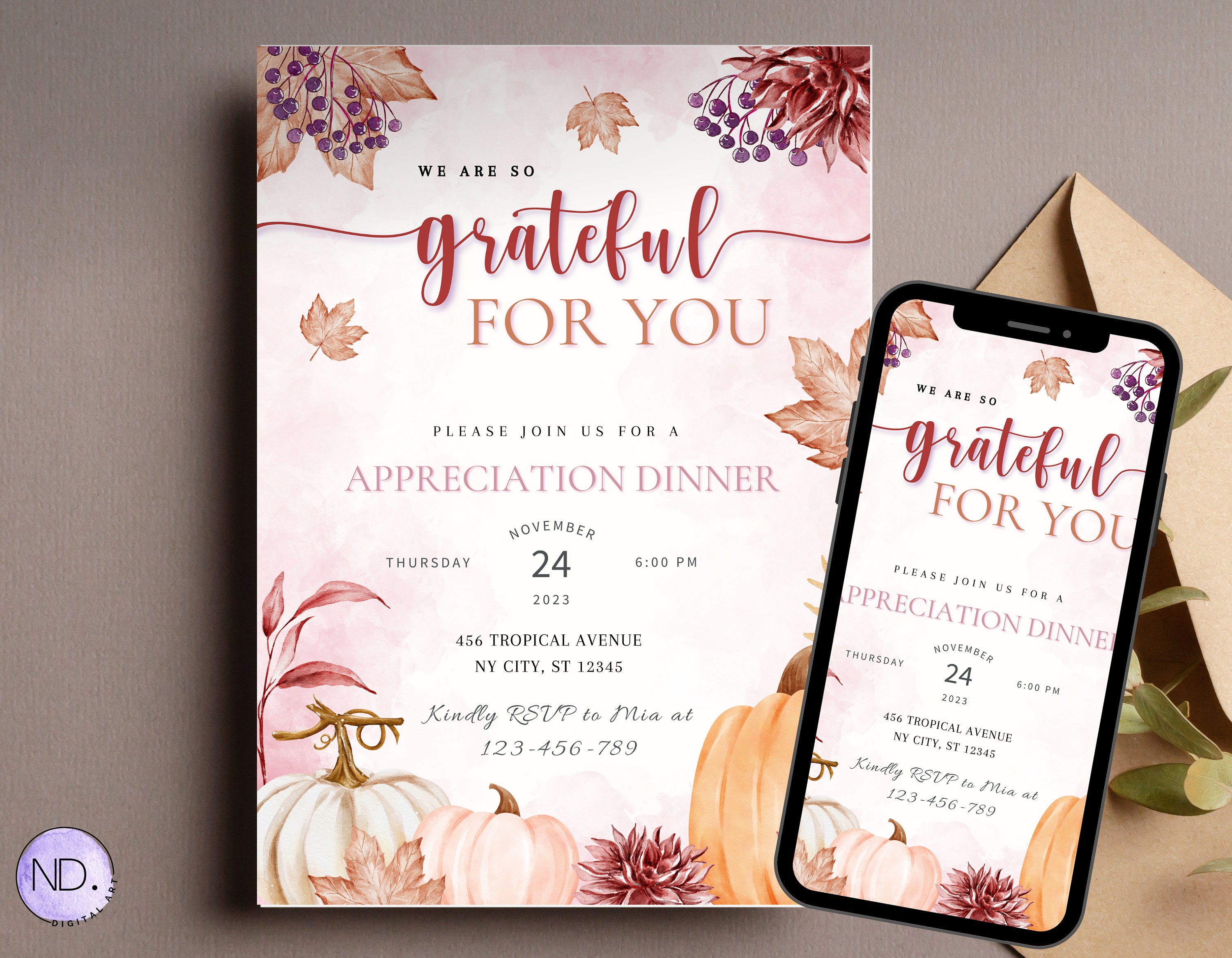 Editable Fall Appreciation Invitation, Grateful for You Thanksgiving ...