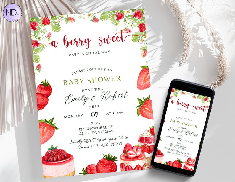 Strawberry Baby Shower Invitation Berry Sweet Baby Invite Editable ...