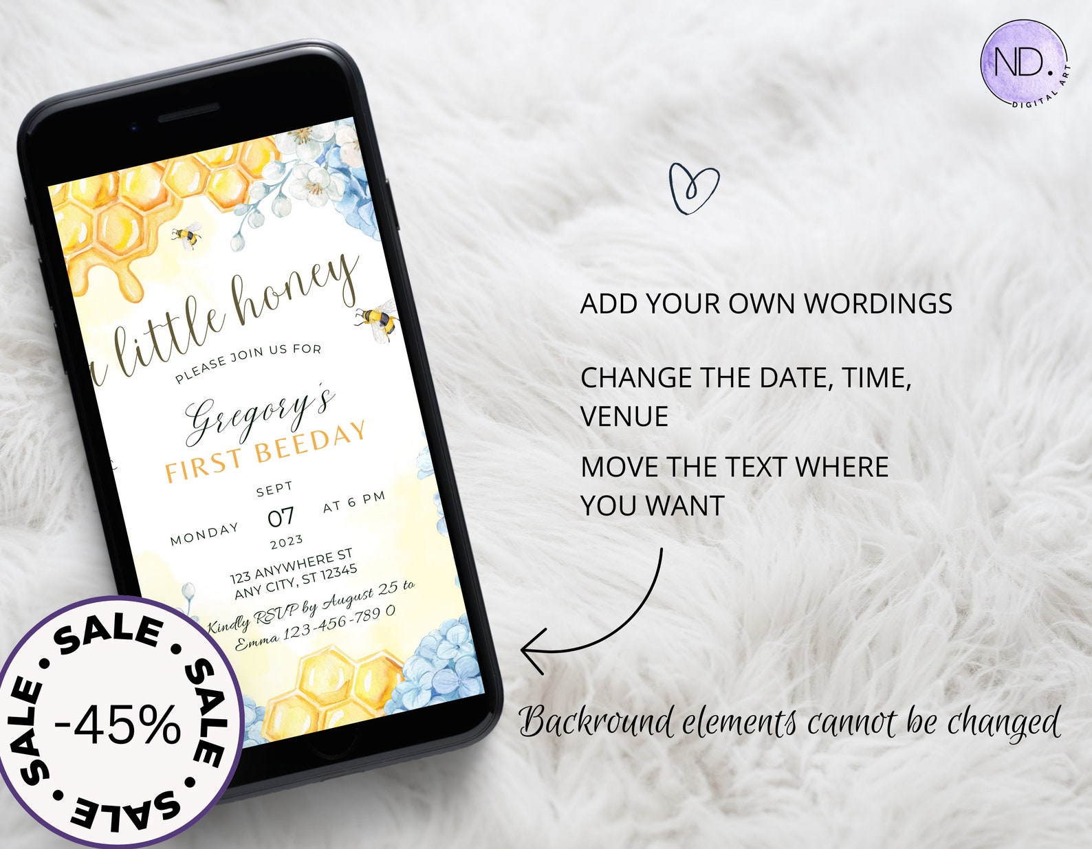 Editable Baby Bee Birthday Invitation Honey Bee First Birthday Party ...