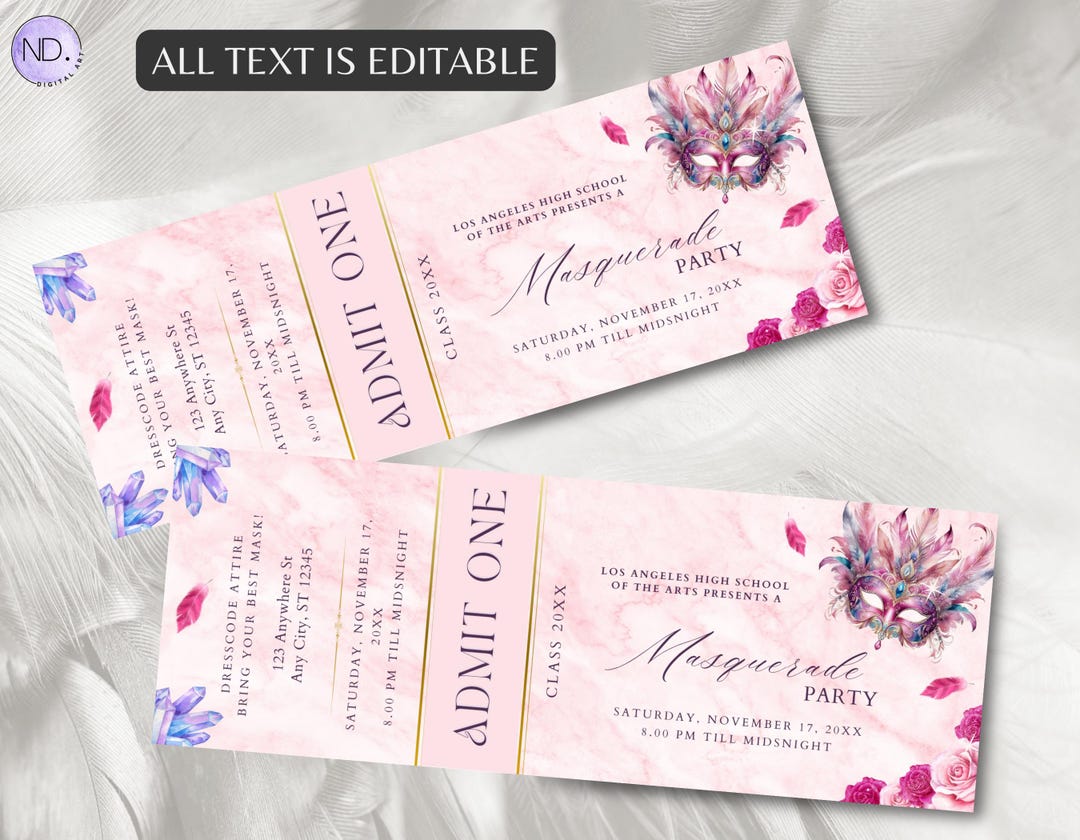 Editable Masquerade Ticket Template, Pink Masquerade Evening Soiree ...
