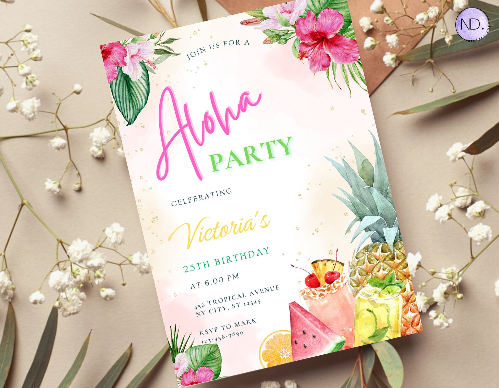 Aloha Birthday Invitation Template Tropical Party Invite Hawaii Party ...