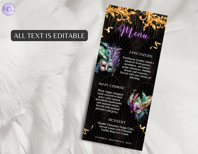 Masquerade Party Menu Template, Editable Gold and Gemstones Masquerade ...