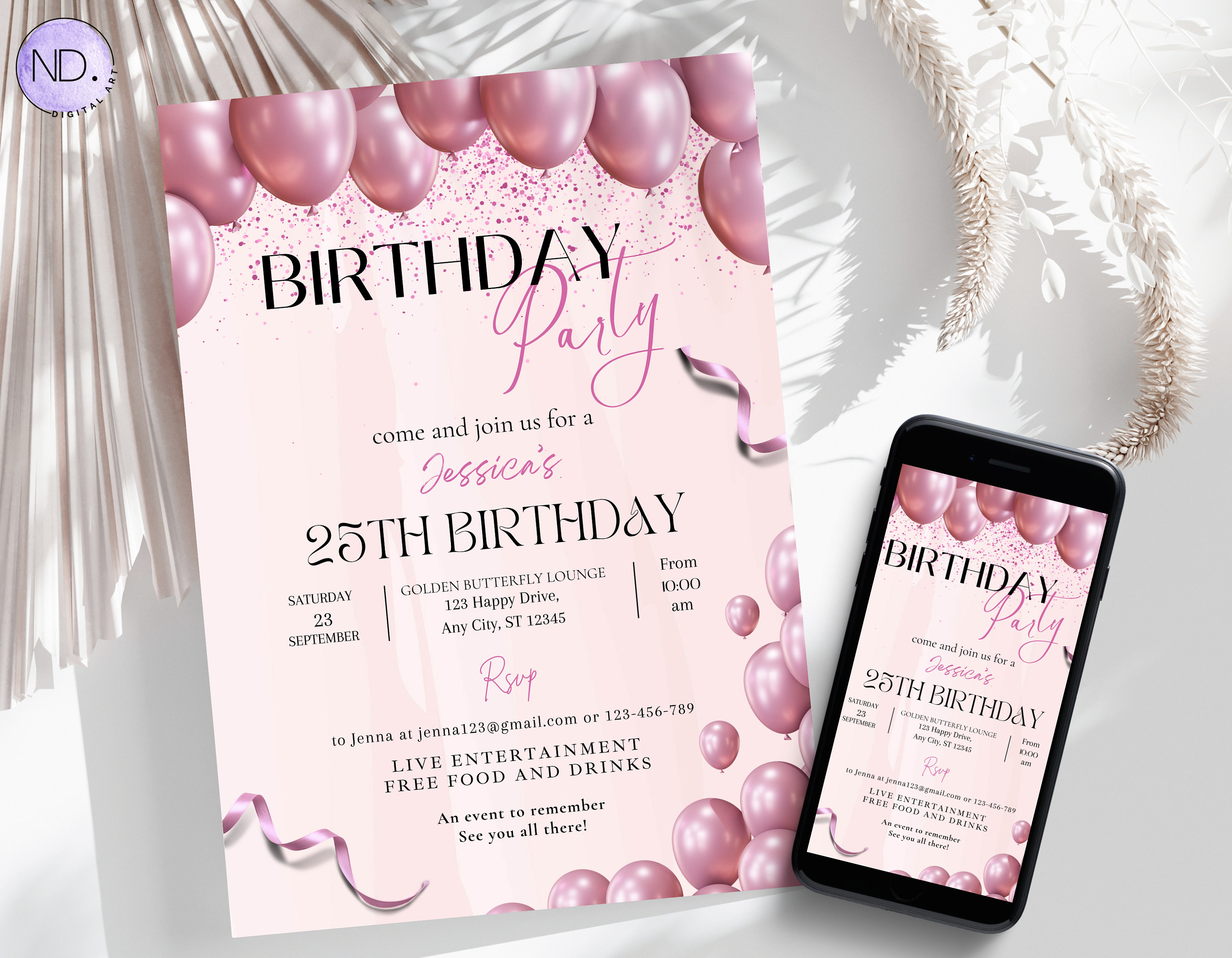 Editable Pink Birthday Party Invitation, Balloons Party Evite, Any Age ...
