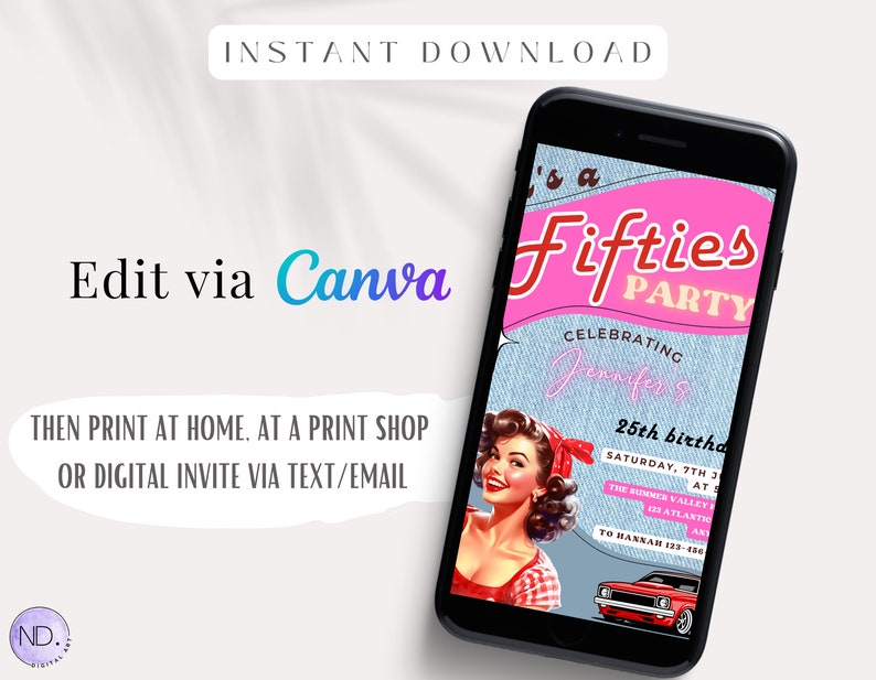 Editable Fifties Birthday Party Invitation, Pin up Style Party Invite ...