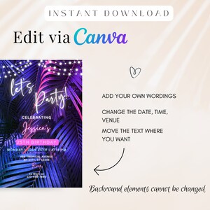 Editable Neon Birthday Invitation, Birthday Invite, Tropical Let's ...