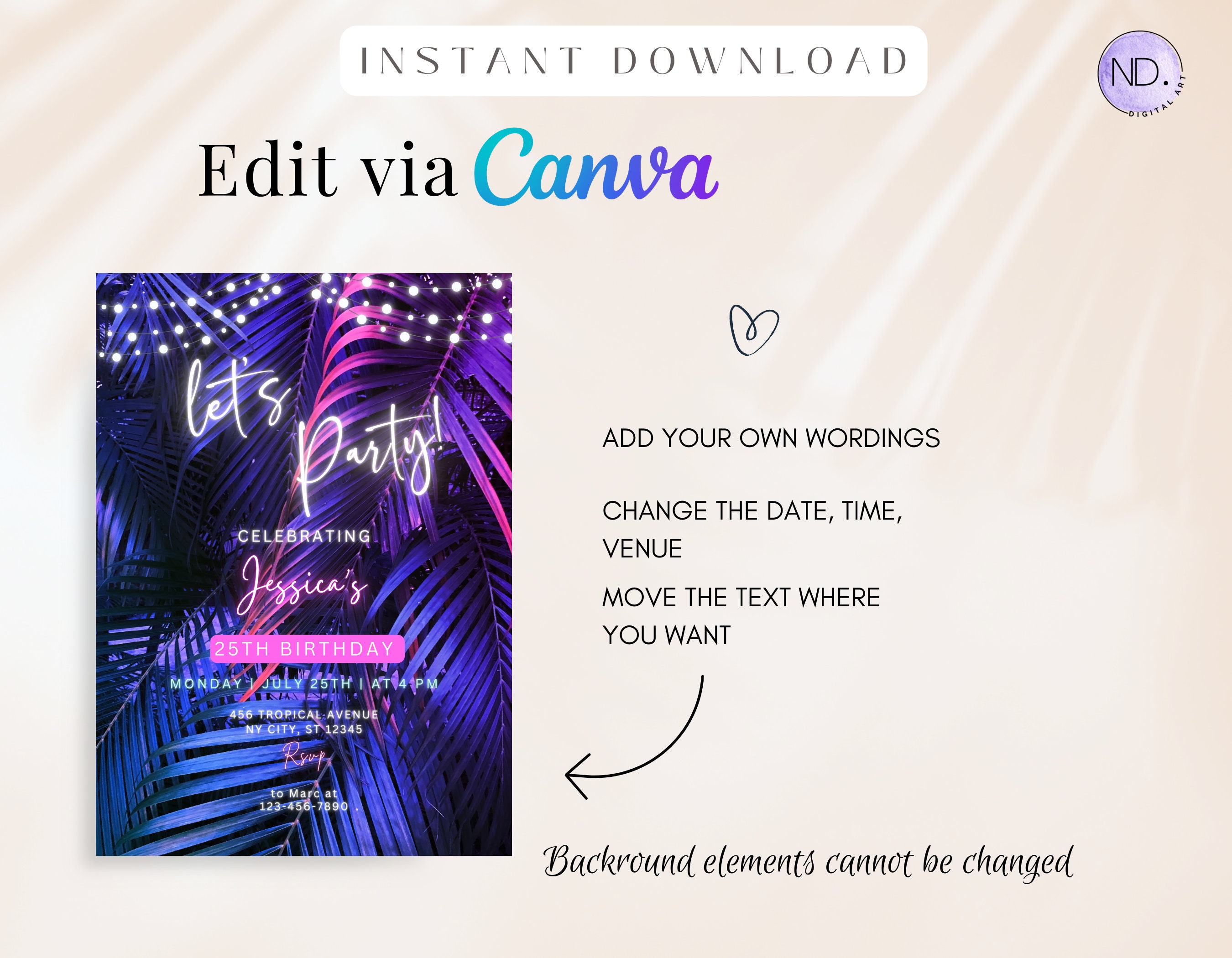 Editable Neon Birthday Invitation, Birthday Invite, Tropical Let's ...