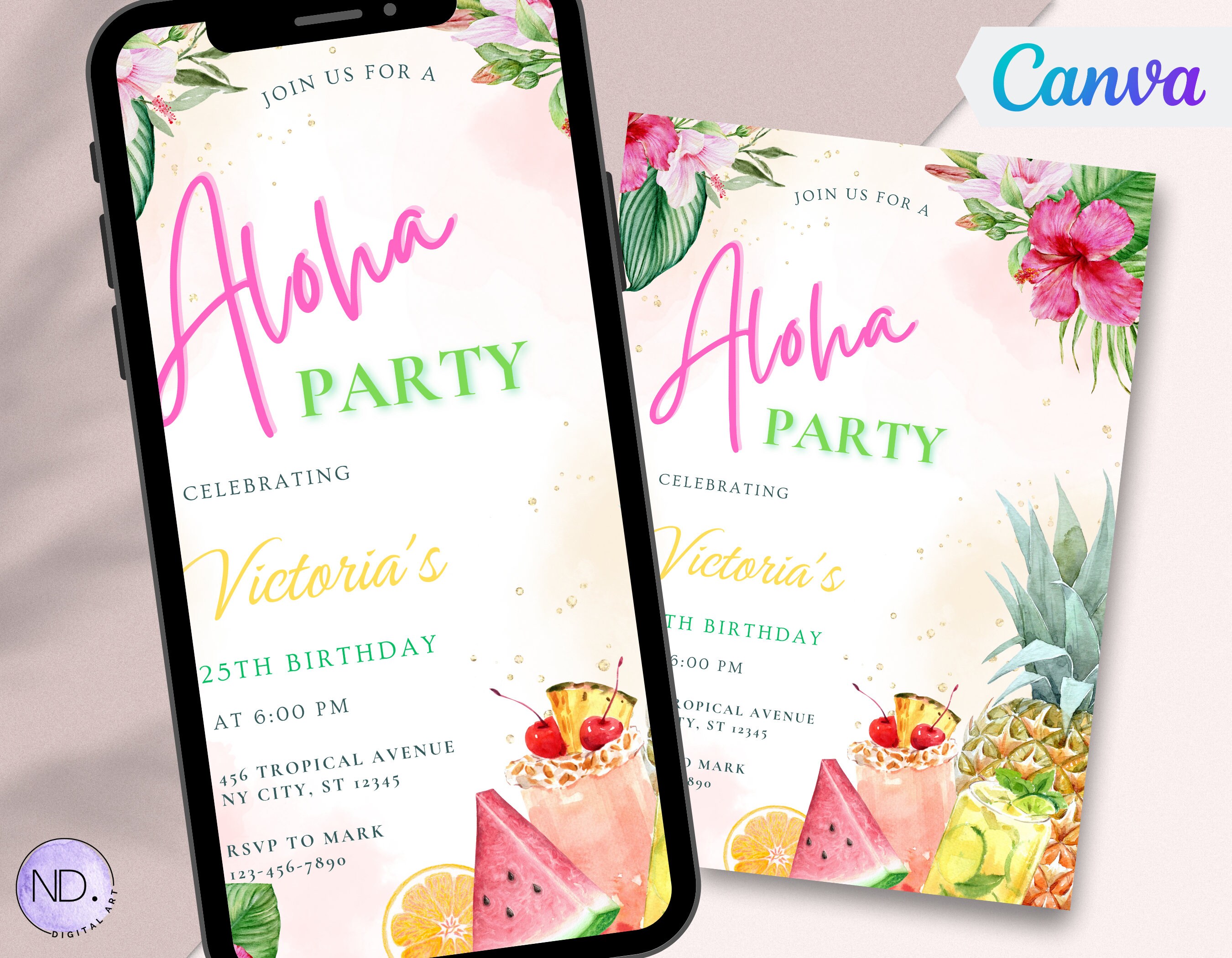 Aloha Birthday Invitation Template Tropical Party Invite Hawaii Party ...