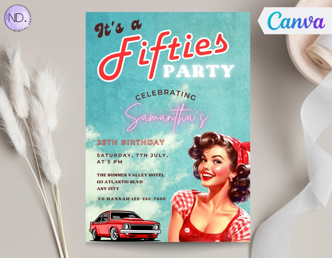 Editable Fifties Birthday Party Invitation, Pin up Style Party Invite, Retro 50s Birthday ...