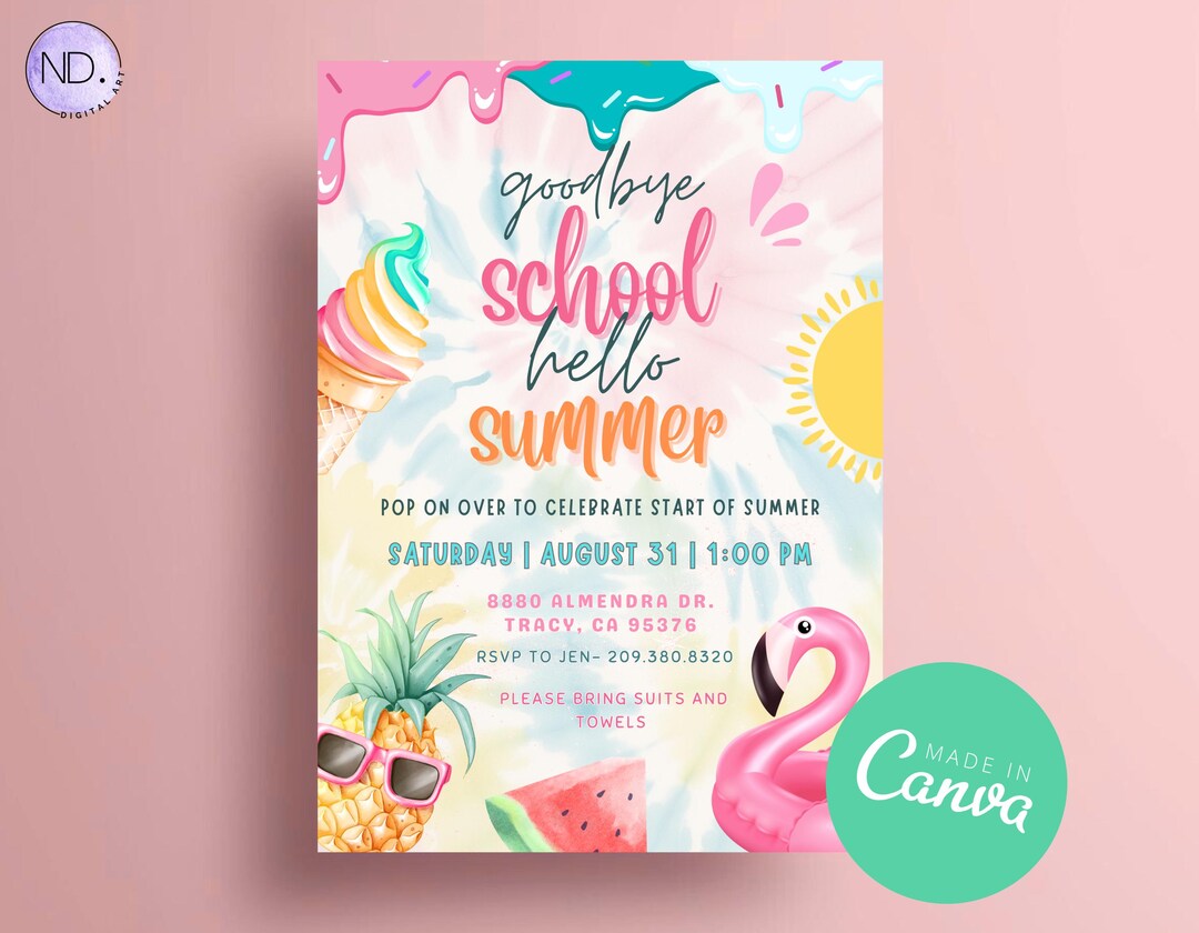 End of School Party Invitation, Goodbye School Hello Summer Party ...