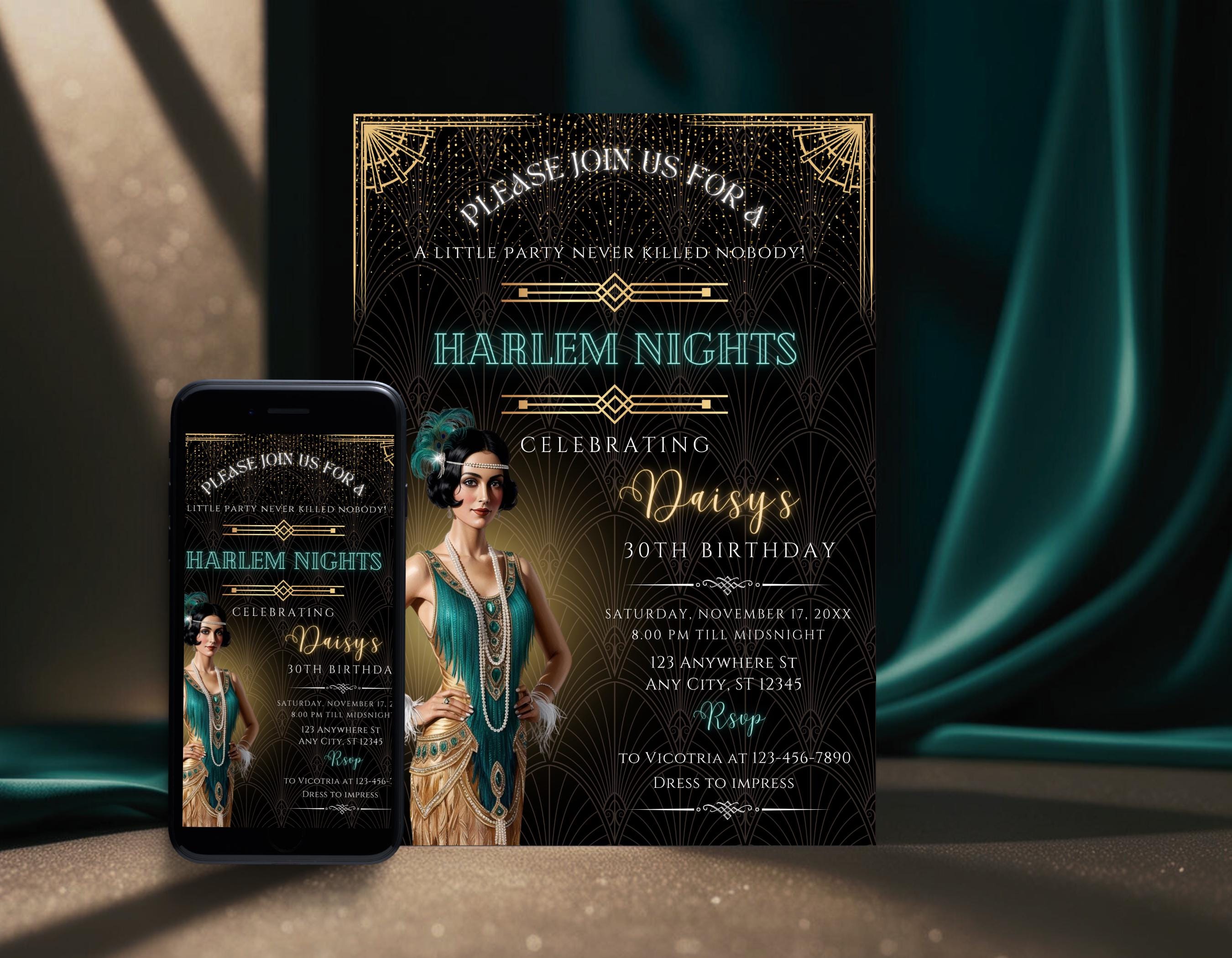 Emerald Harlem Nights Invitation, Editable Gatsby Birthday Party Invite ...