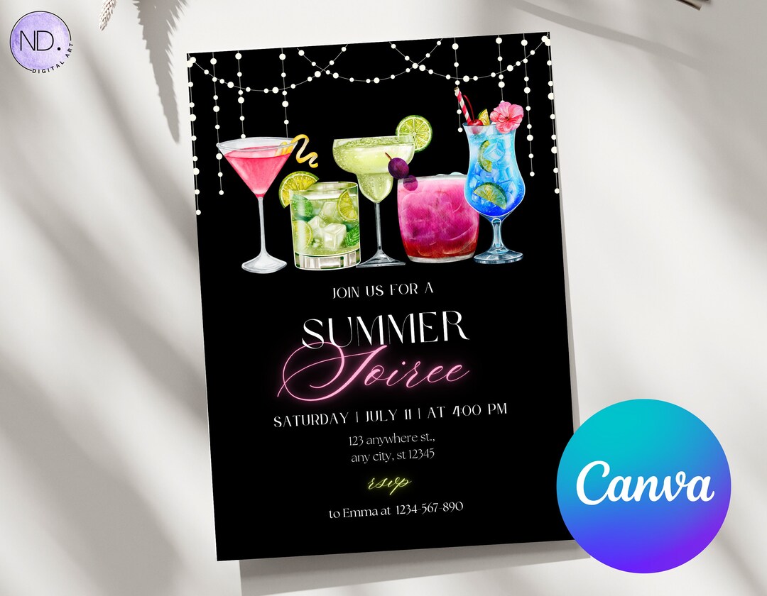 Summer Soiree Cocktail Party Invitation, Editable Canva Template ...