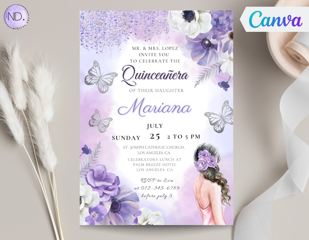 Lilac Quinceañera Invitation Template, Watercolor Roses (editable ...