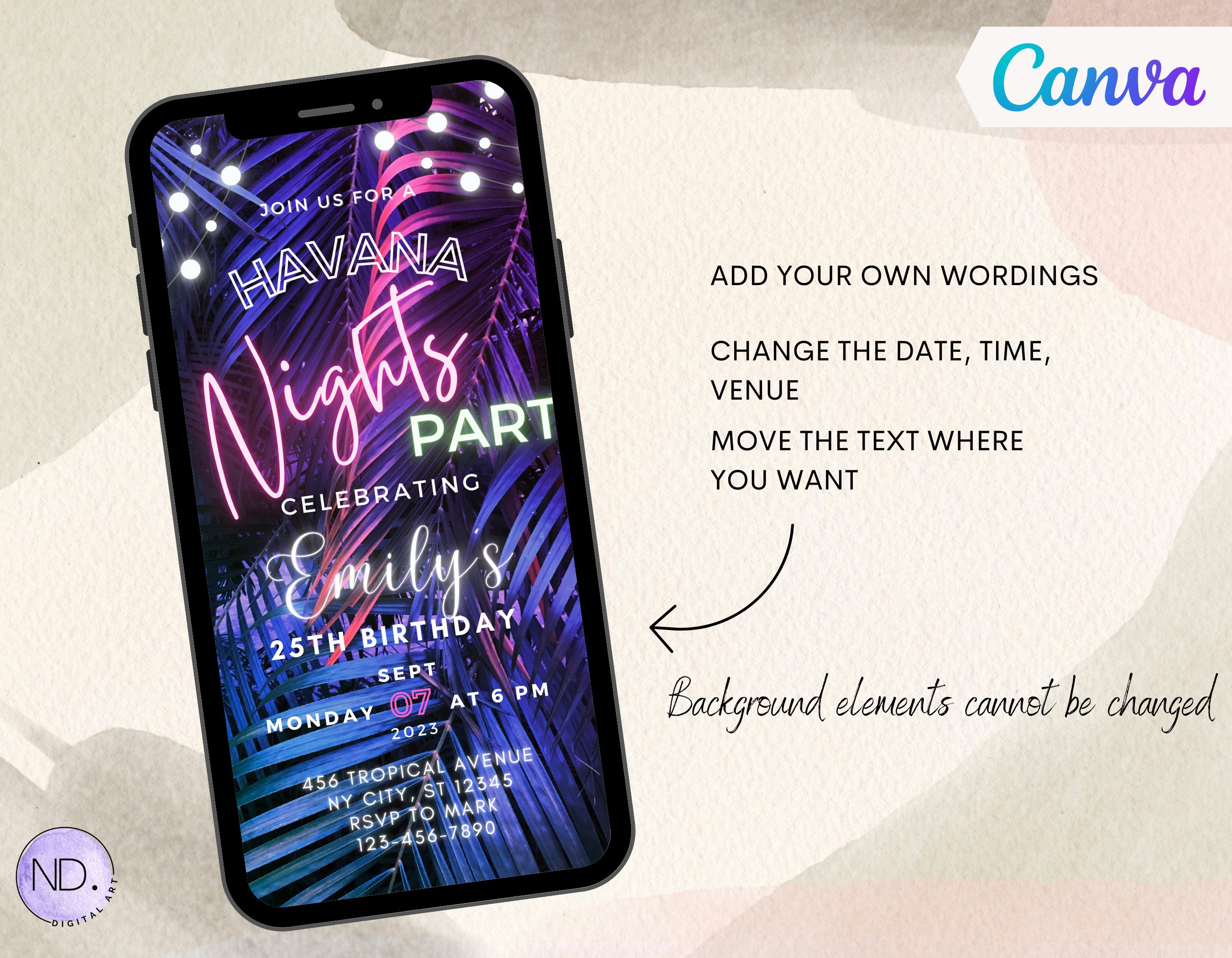 Editable Havana Nights Invitation Neon Tropical Party Invitation Havana ...