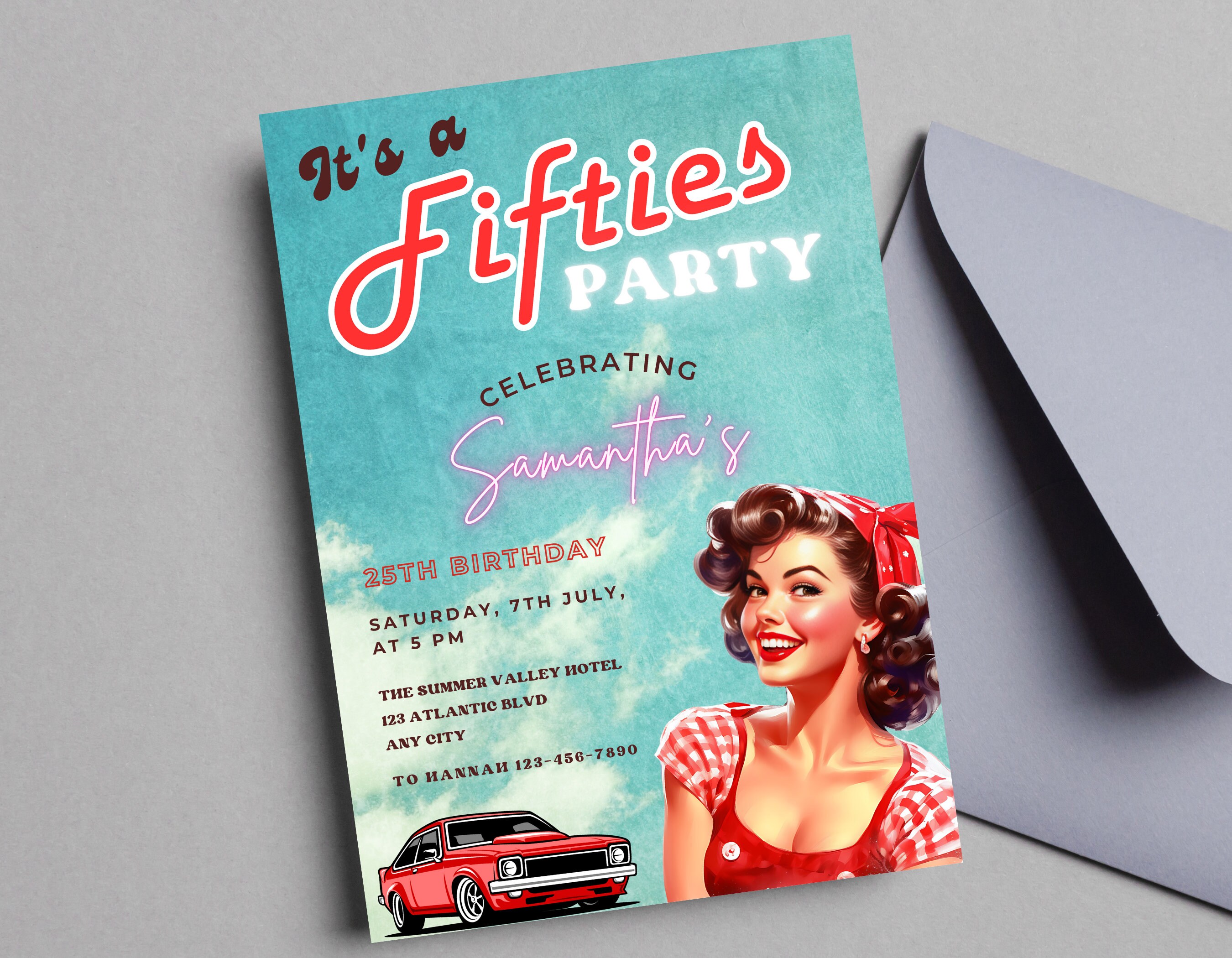 Editable Fifties Birthday Party Invitation, Pin up Style Party Invite, Retro 50s Birthday ...