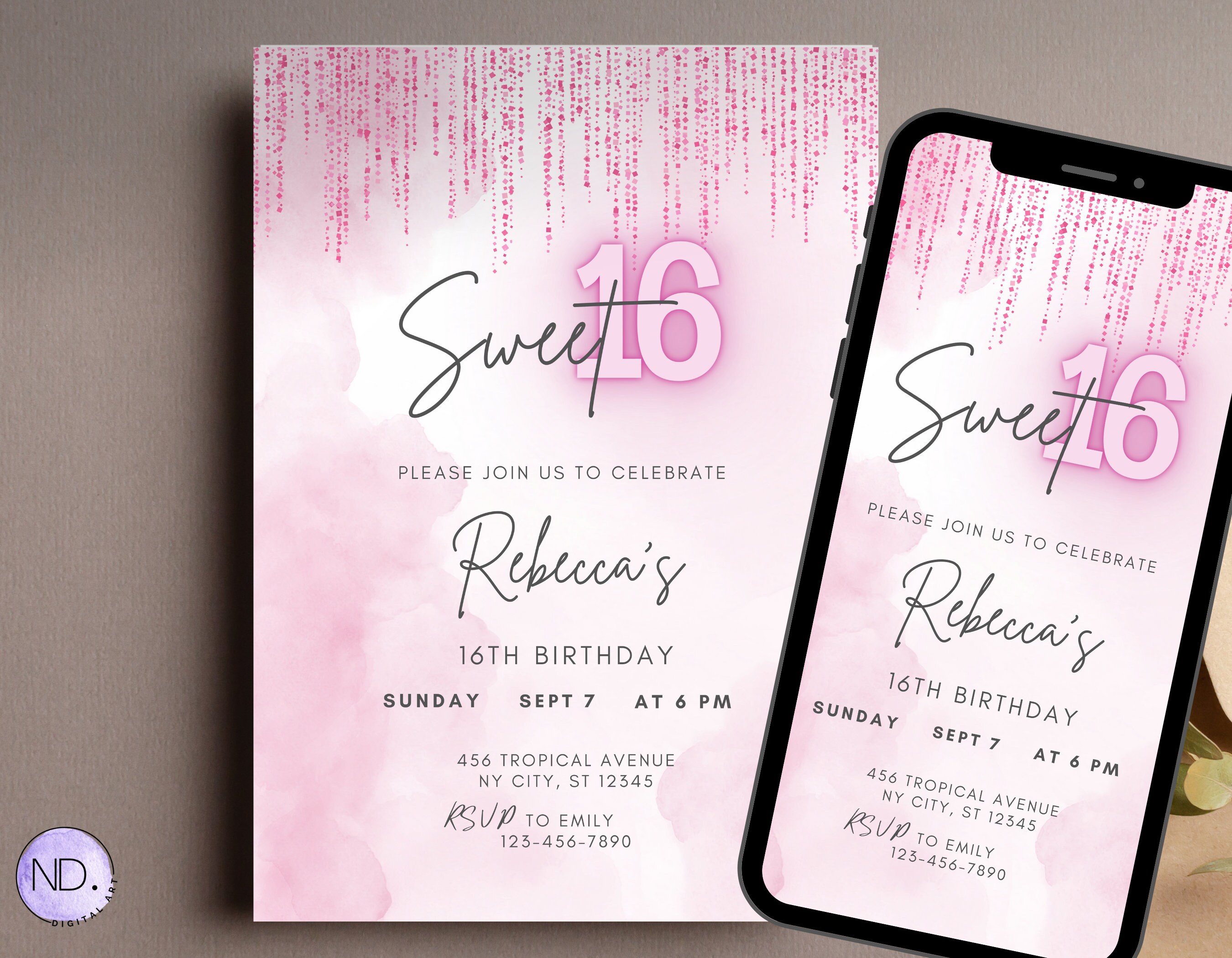 Soft Pink Sweet 16 Party Invitation Editable16th Birthday Invite ...