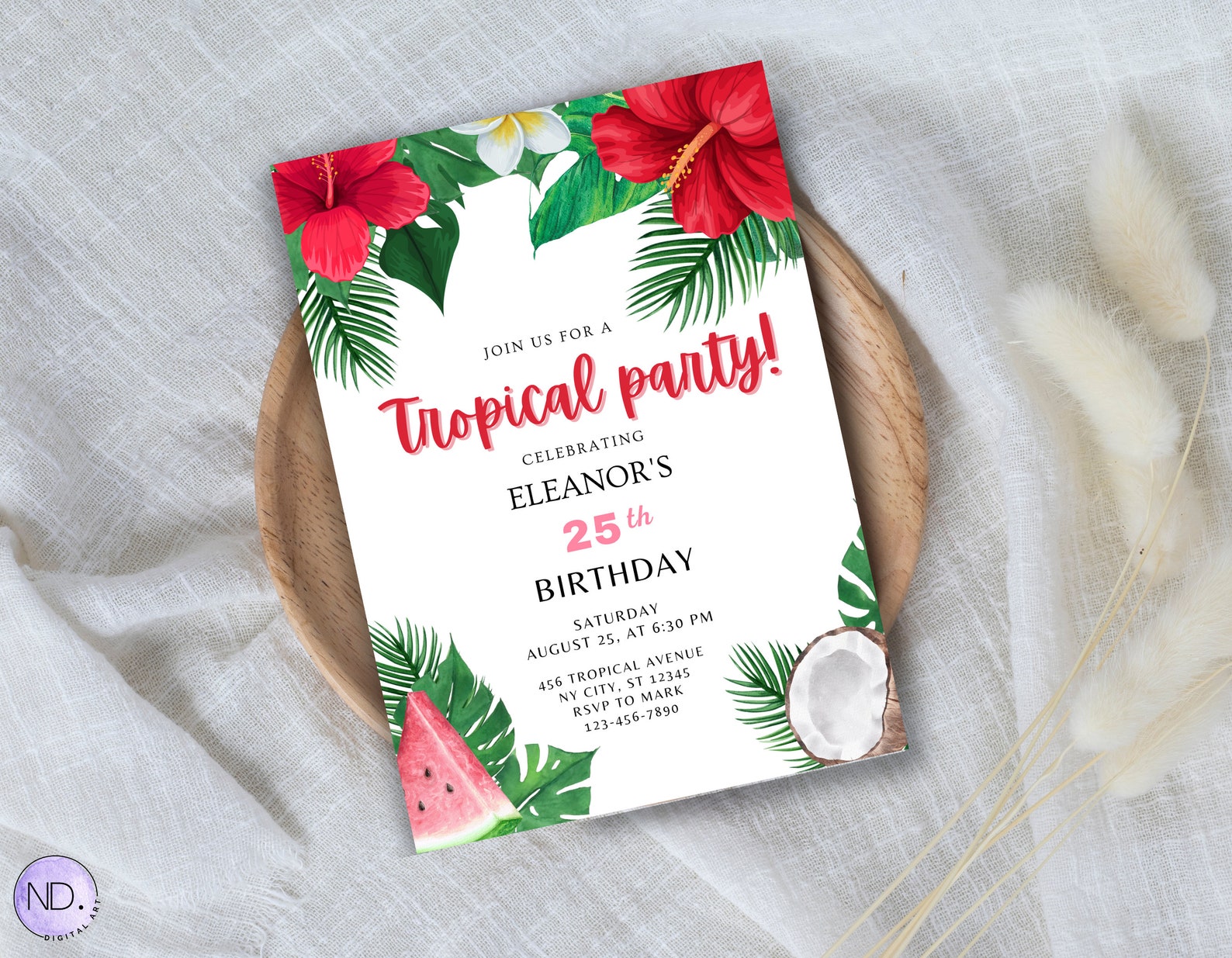 Red Tropical Birthday Invitation Tropical Party Havana Hawaii ...