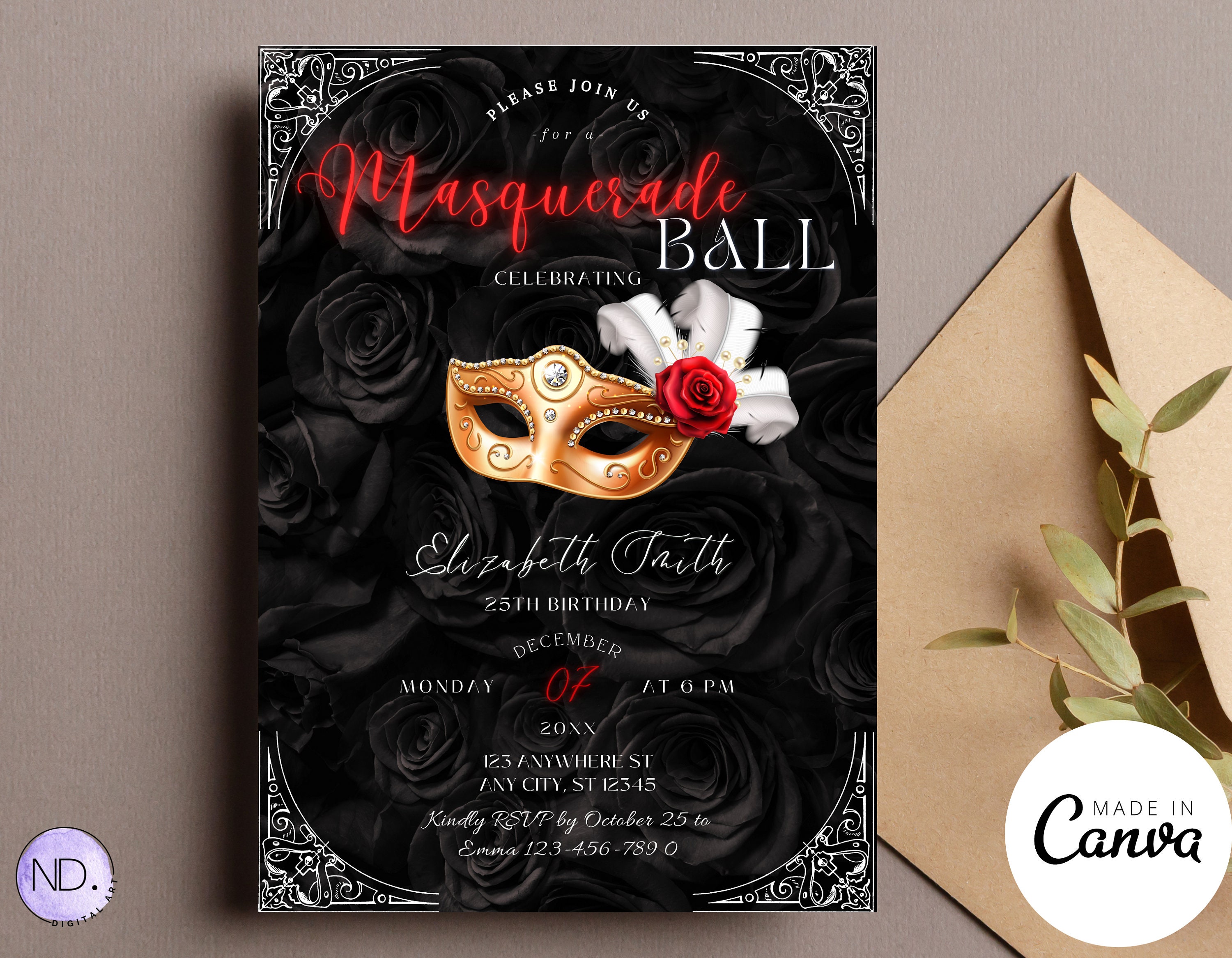 Editable Masquerade Ball Invitation, Printable Black and Red Roses ...