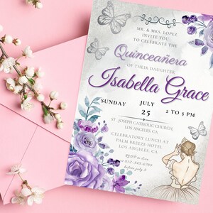 Lilac Quinceañera Invitation Template Floral Roses Butterflies Mis ...