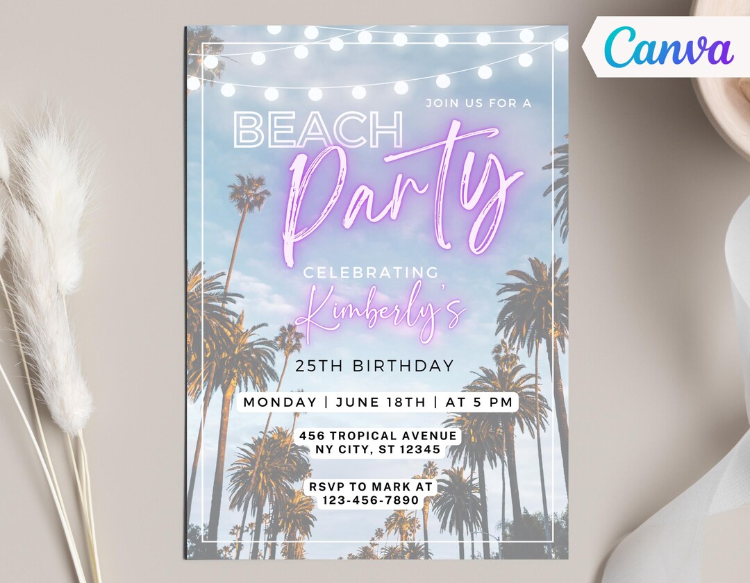 Editable Neon Beach Party Invitation, Summer Ocean Party Invite, Let's ...