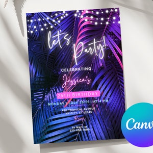 Editable Neon Birthday Invitation, Birthday Invite, Tropical Let's ...