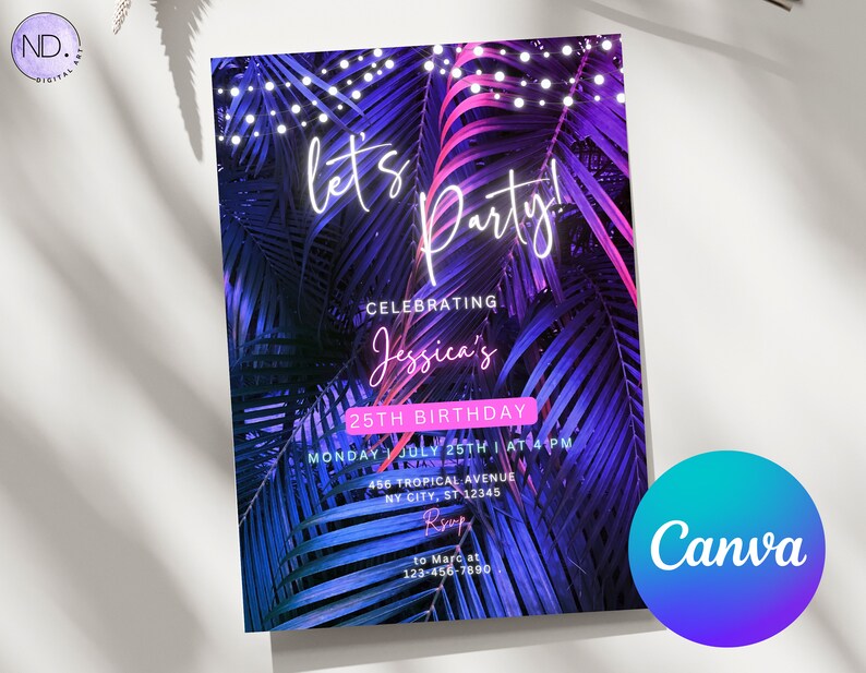 Editable Neon Birthday Invitation, Birthday Invite, Tropical Let's ...