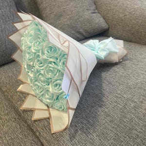 Light Blue Satin Rose Bouquet, Custom Silk Ribbon Flower, Elegant ...